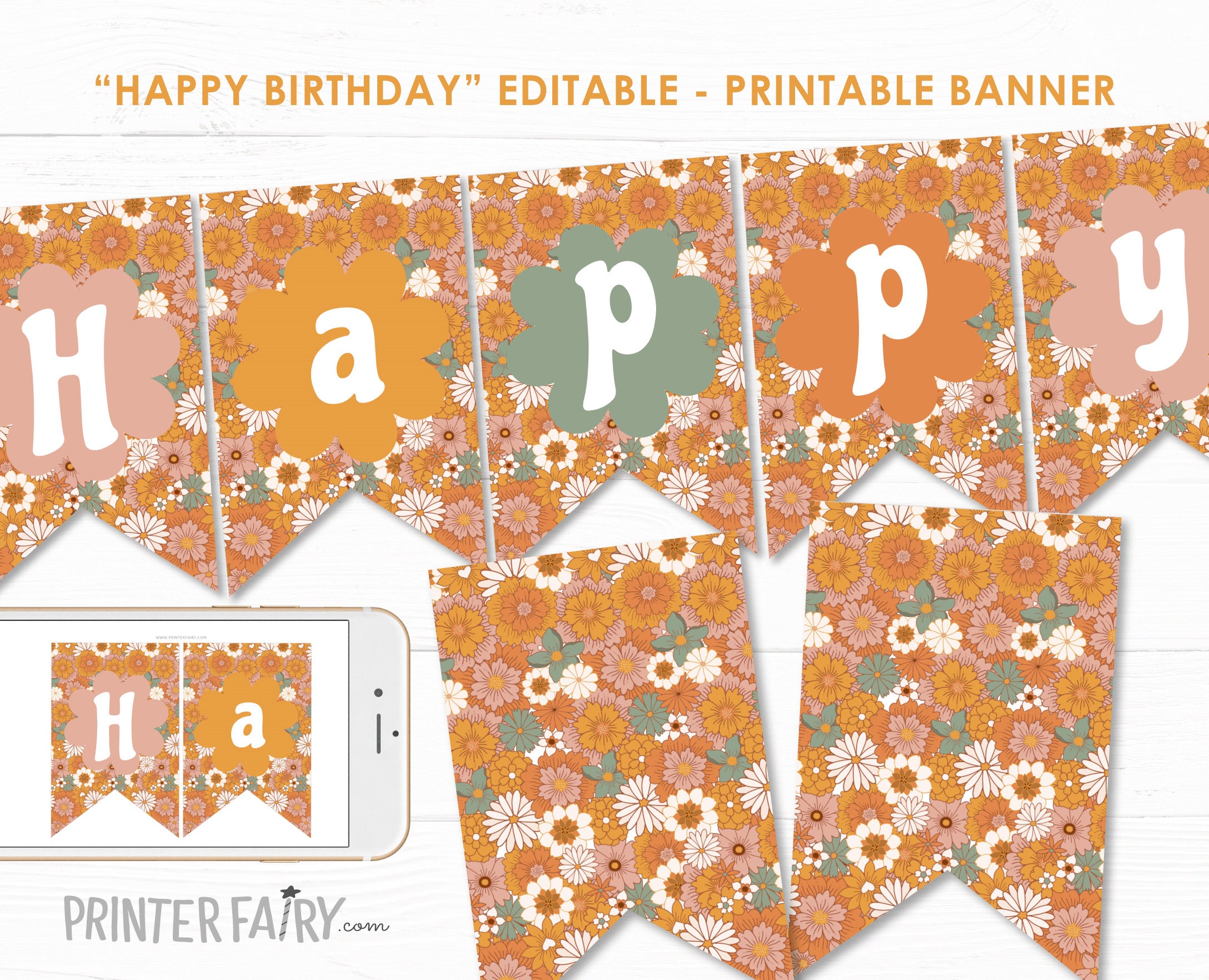 Hippie Birthday Banner EDITABLE Groovy One Birthday Two - Etsy