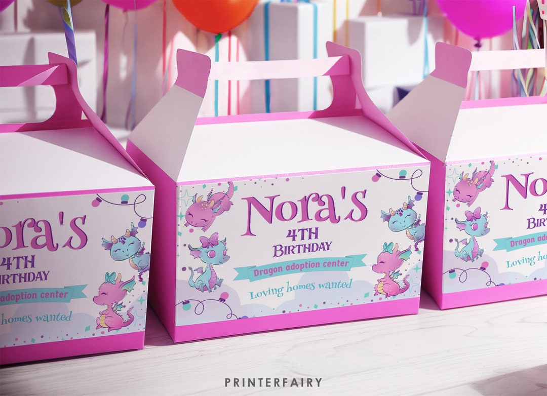 Dragon Birthday Party Gable Box Label, Birthday Party Favor Box, Girl ...