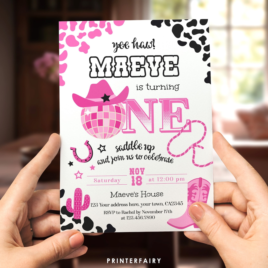 Disco Cowgirl 1st Birthday Invitation, Editable Cowgirl Party Invite ...