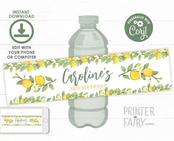 Digital File Lemon Water Bottle Labels Water Label Printable Labels ...