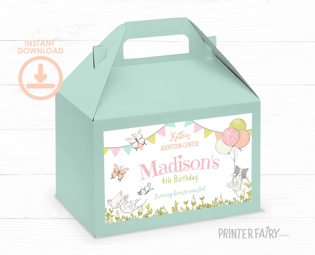 Kitty Cat Birthday Party Gable Box Label, Editable, Kitten Garden ...