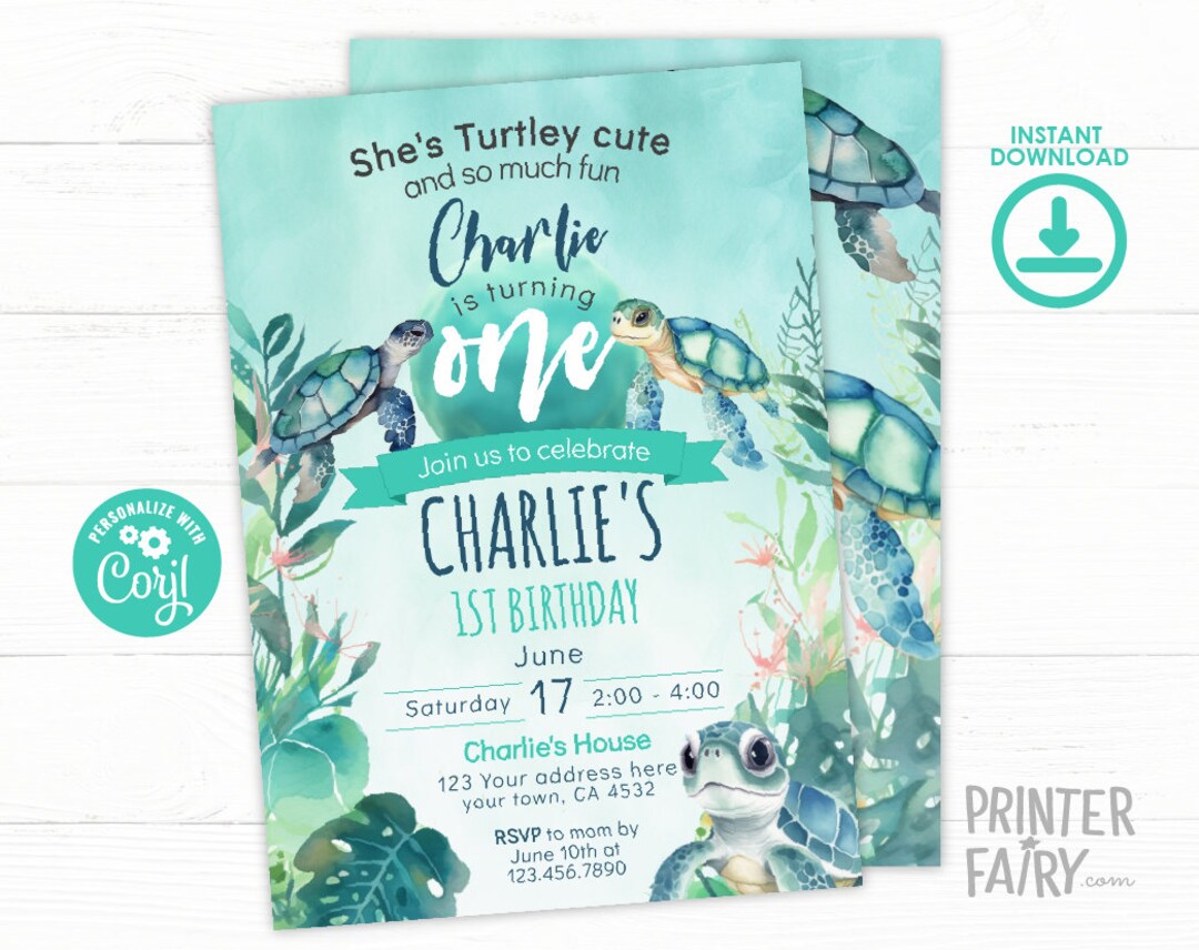 Sea Turtle Invitation Turtley Awesome Party Under the Sea 1st - Etsy