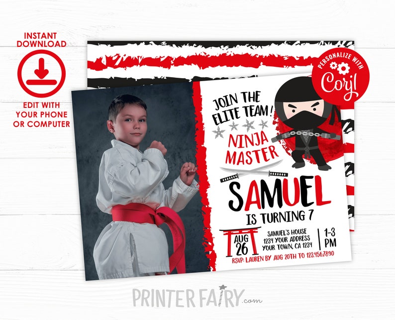 Ninja Birthday Invitation, EDITABLE Invitation, Martial Arts Birthday ...