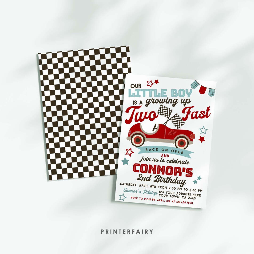 Race Car 2nd Birthday Invitation, Two Fast Party (editable) - Etsy