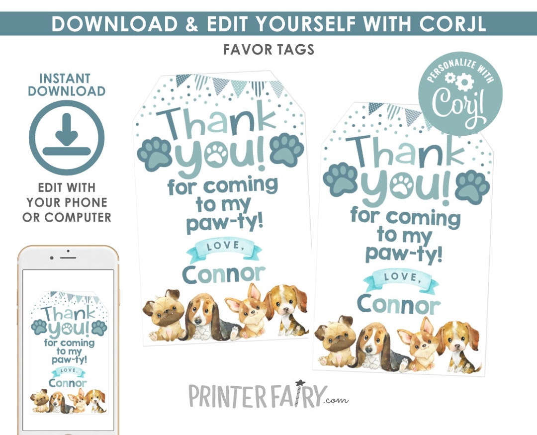 Puppy Favor Tags, Pawty Thank You Notes, Dog Birthday Party, Pet ...