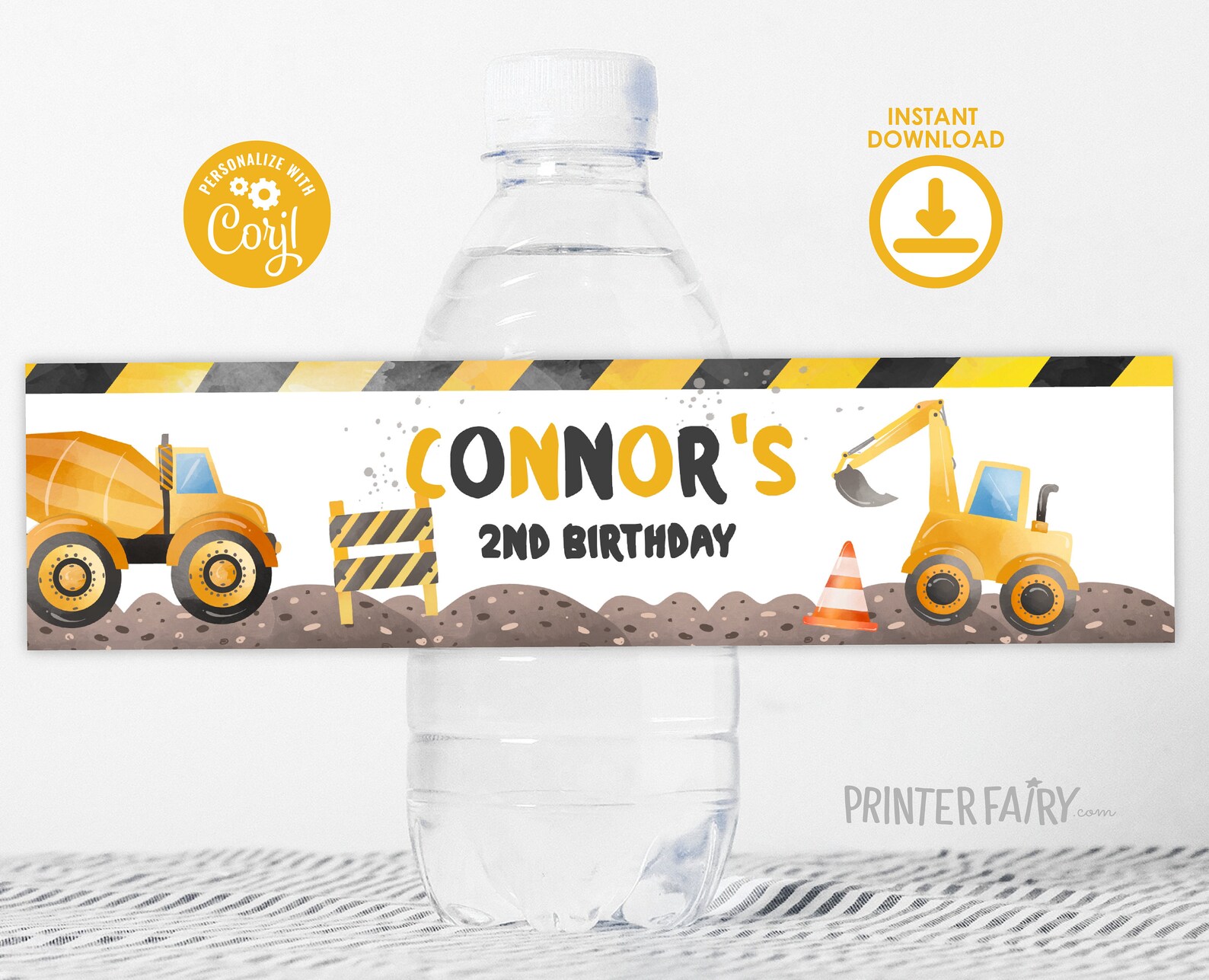 Construction Birthday Water Bottle Labels: Editable Truck Theme ...