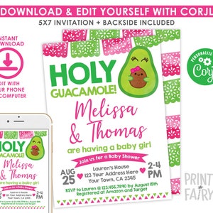 Holy Guacamole Baby Shower Invitation, EDITABLE, Fiesta Girl Baby ...