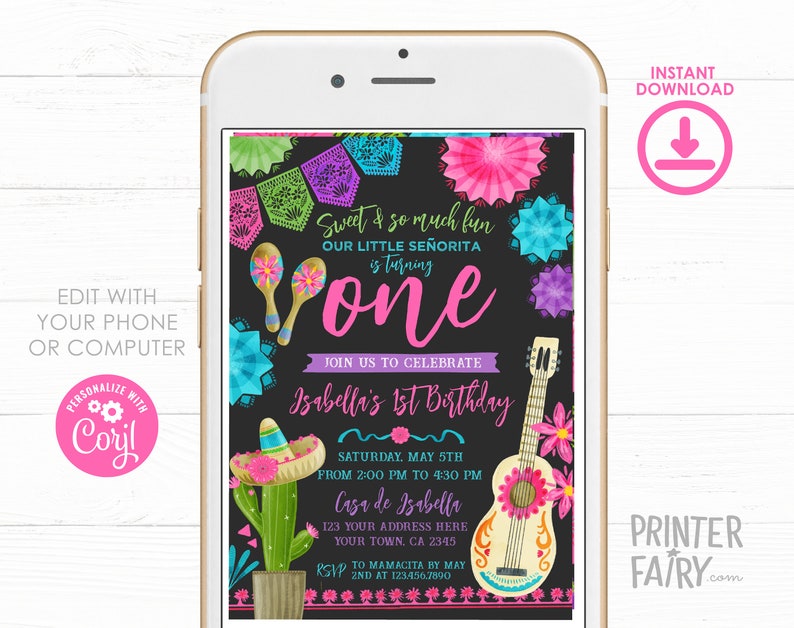Fiesta First Birthday Party Invitation Editable Mexican - Etsy