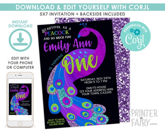 Peacock Birthday Invitation, EDITABLE, Feather Invitation, Peacock ...