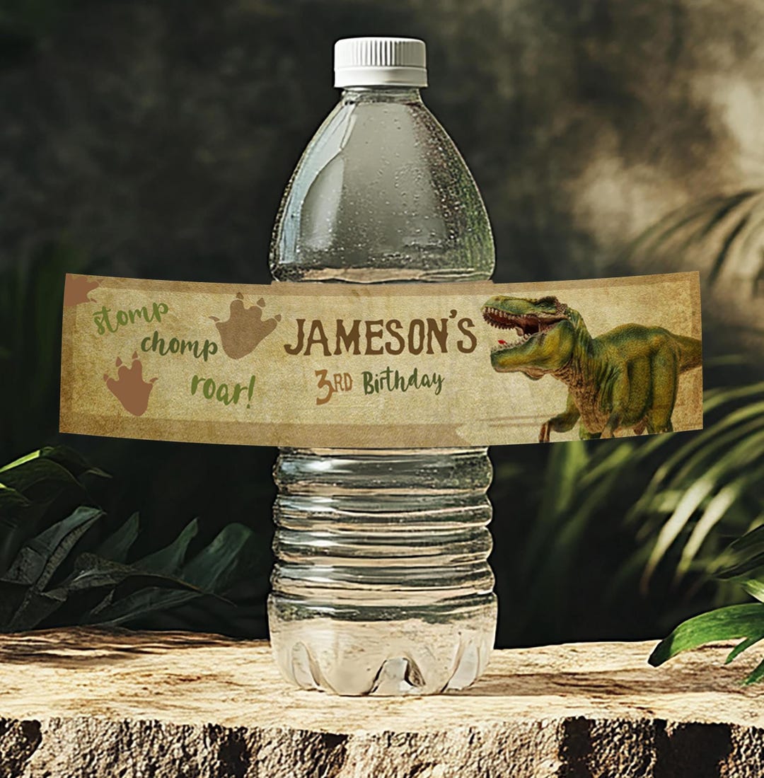 Dinosaur Birthday Party Water Bottle Label, EDITABLE, T-rex Birthday ...