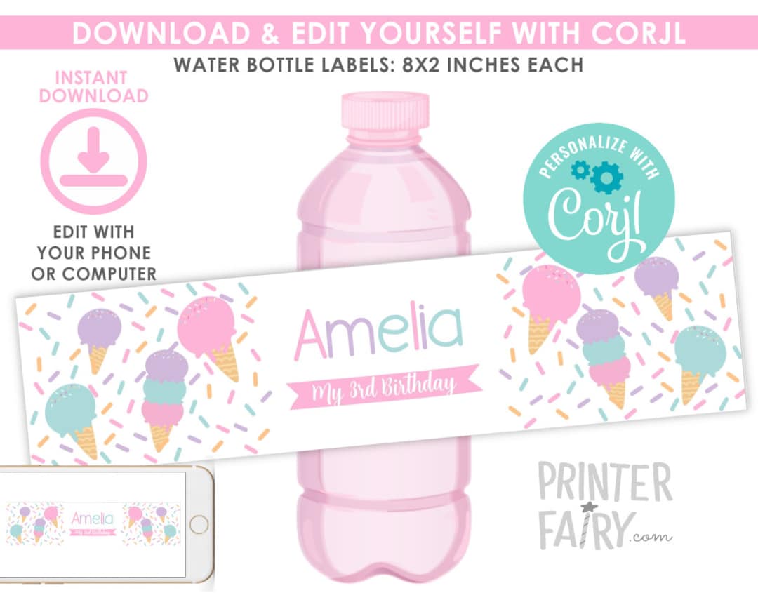 Ice Cream Birthday Water Bottle Labels, EDITABLE (digital Download) - Etsy