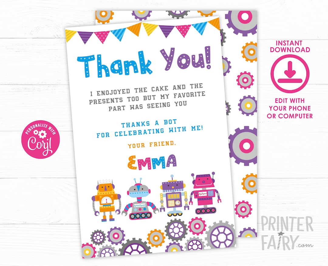 Robot Thank You Card, Robot Party, Beep Boop Party, Retro Robot ...