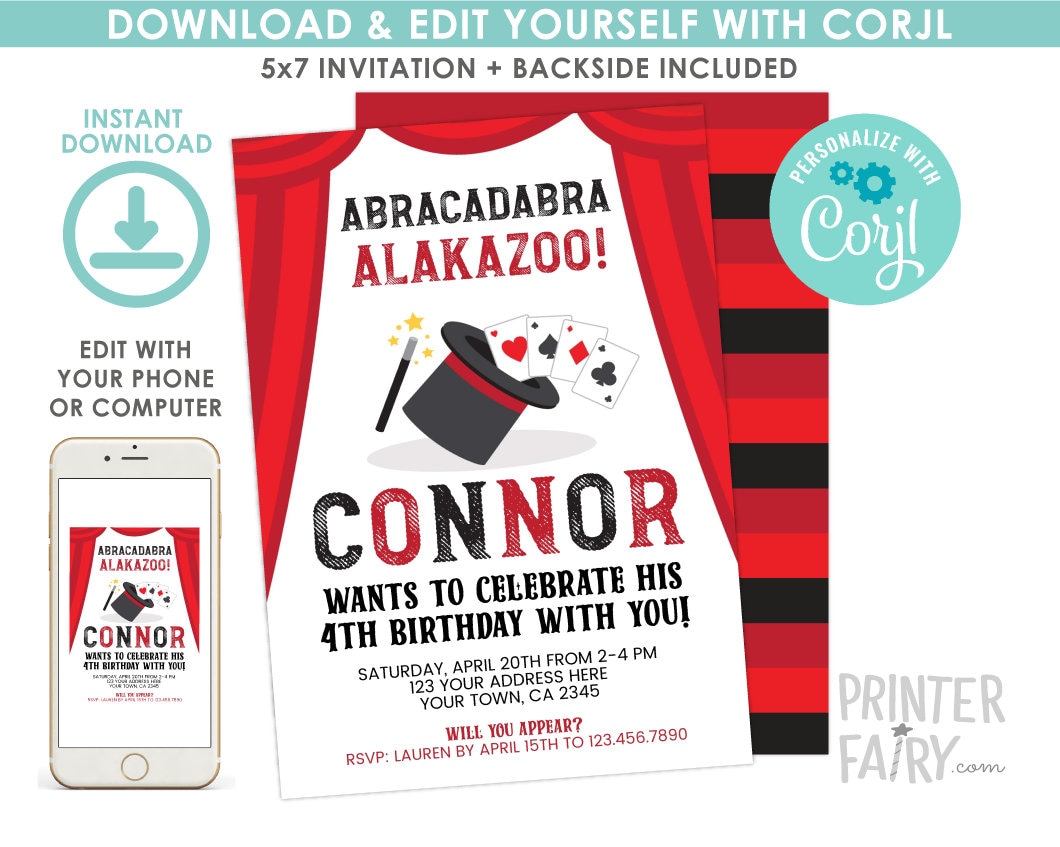 Magic Invitation EDITABLE Magician Birthday Party Magic - Etsy