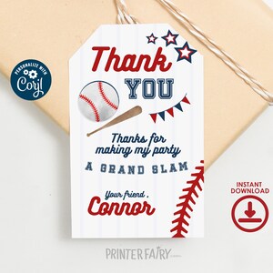 Baseball Favor Tags, EDITABLE, Baseball Birthday Thank You Tags ...
