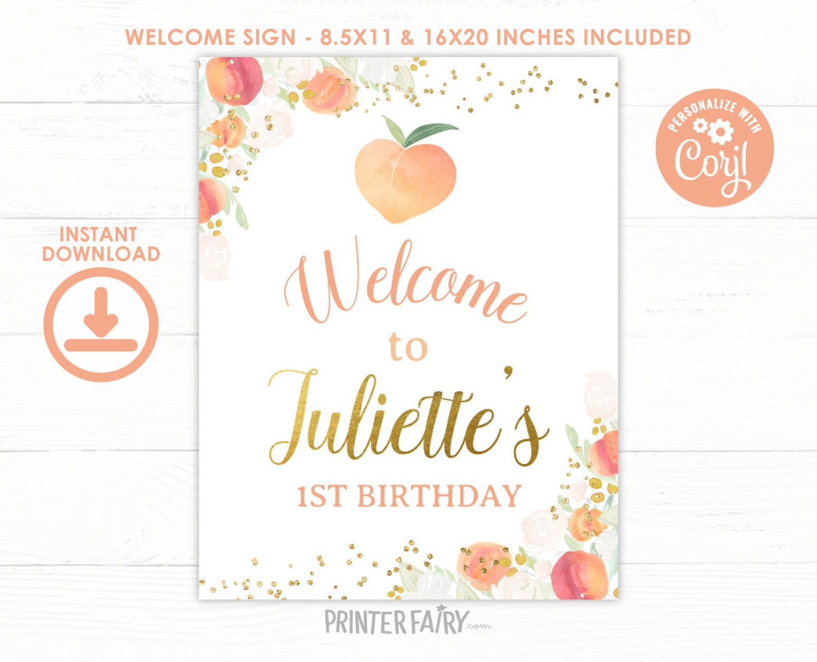 Peach Welcome Sign EDITABLE, Sweet as a Peach, Peach Birthday, Floral ...