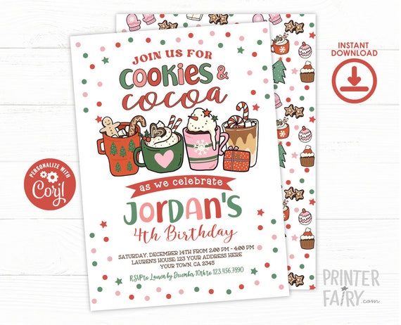 Cookies and Cocoa Birthday Invitation, Christmas Invitation, EDITABLE ...