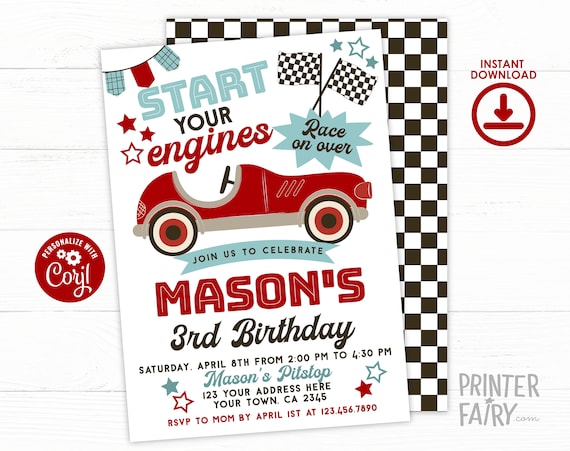 Race Car Birthday Party Invitation, EDITABLE, Racing Car Party, Racing ...