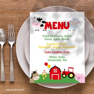 Farm Birthday Party Menu, Editable, Farm Animals Dinner Menu, Barnyard ...