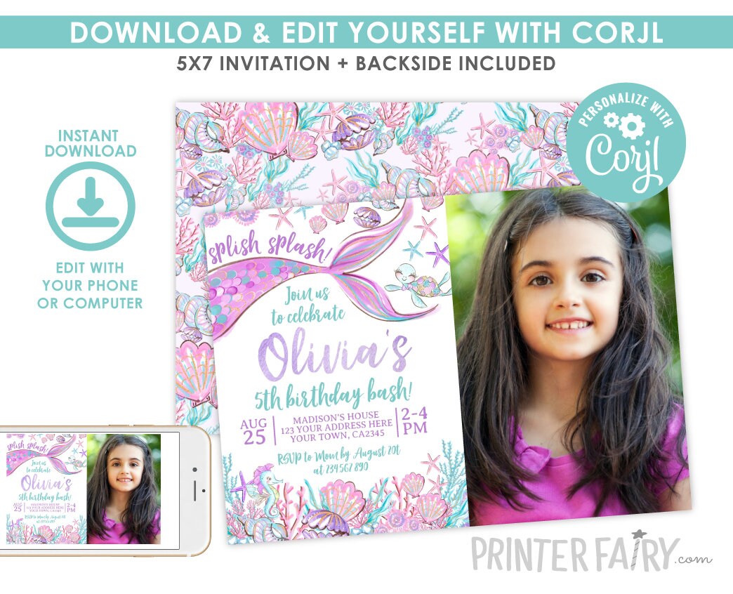 EDITABLE Mermaid Invitation With Photo Under the Sea | Etsy