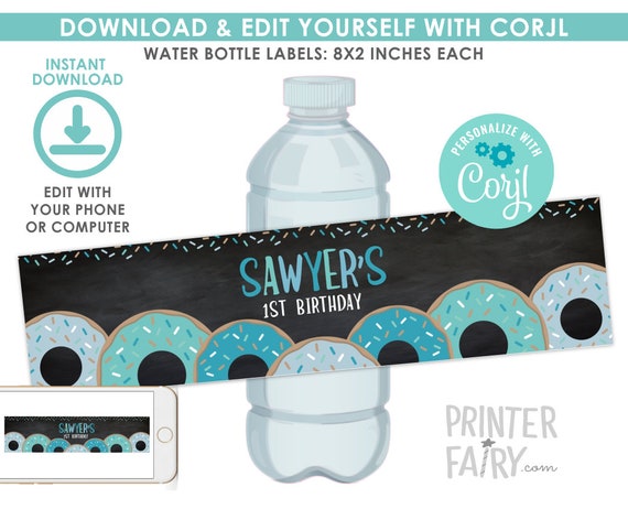 Donut Water Bottle Labels, EDITABLE, Donut Birthday Party, Sprinkles ...