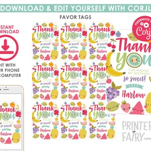 Fruit Favor Tags, Editable, Tuttifrutti Thank You Tags, Summer Birthday ...