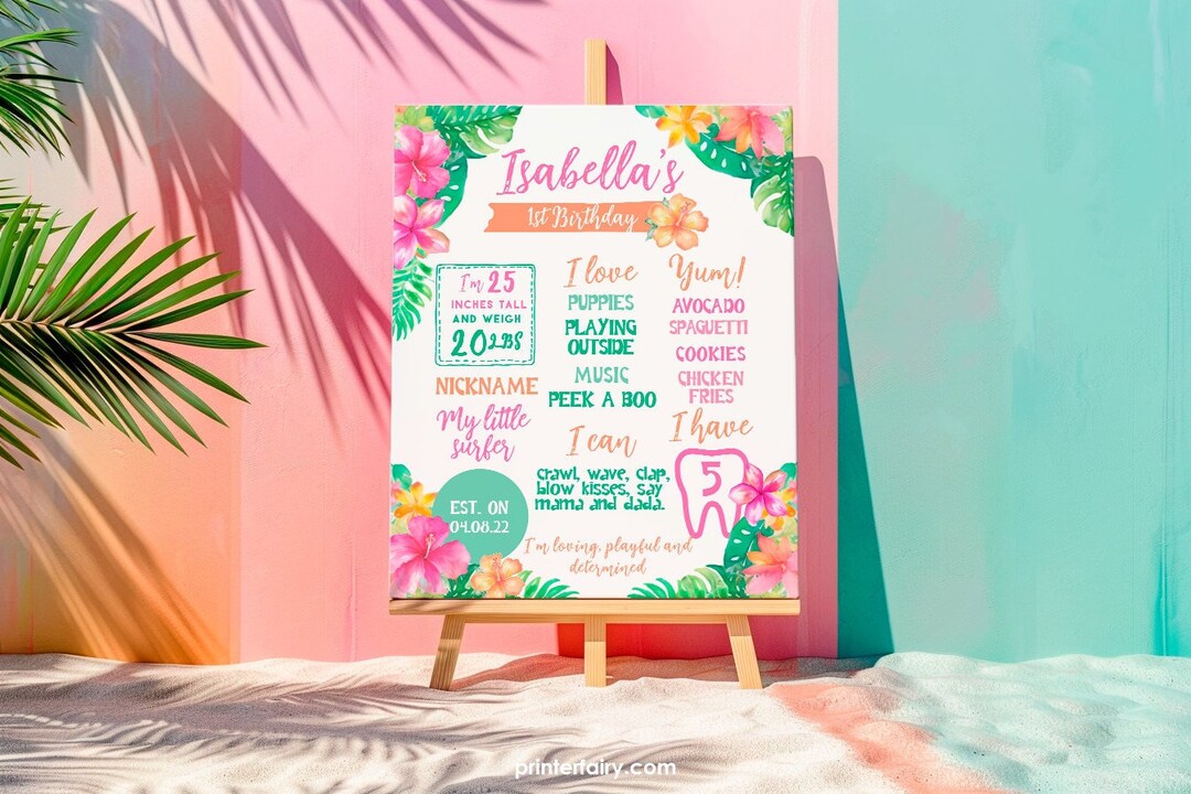 Luau First Birthday Board, Hawaiian Party 1st Birthday Stats, Tropical ...