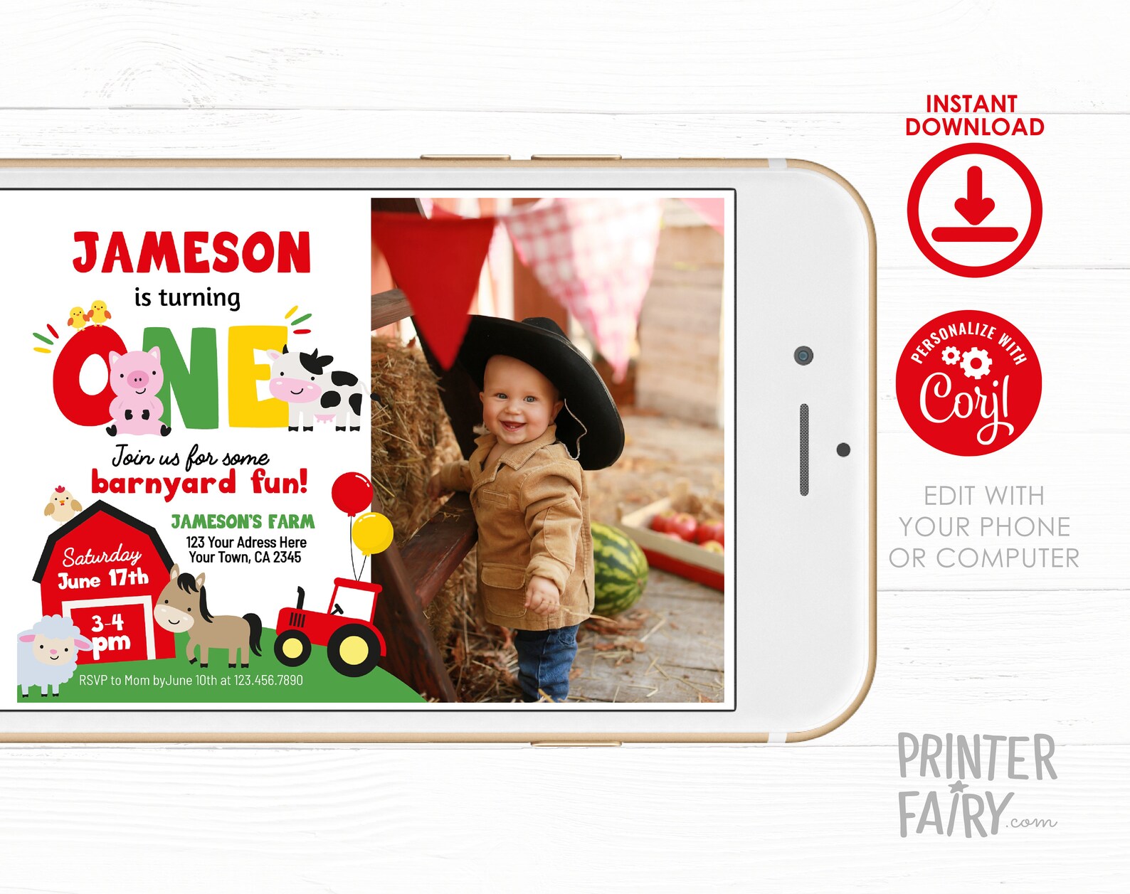 Farm First Birthday Invitation With Photo, Editable, Farm Animals Party ...