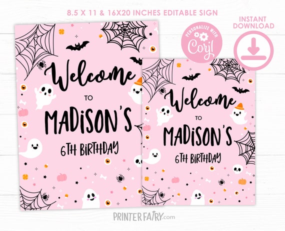 Spooky One Welcome Sign, EDITABLE Pink Halloween Sign, Ghost Birthday ...