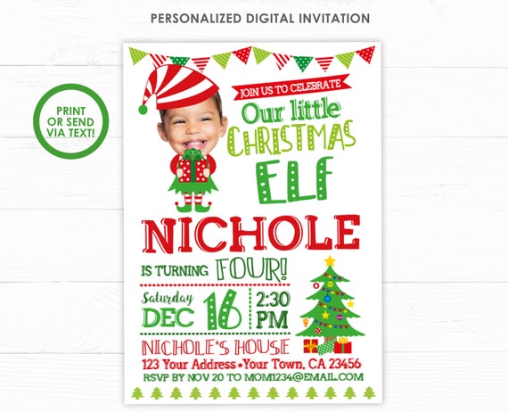 Christmas Elf Birthday Invitation, PERSONALIZED Christmas Party ...