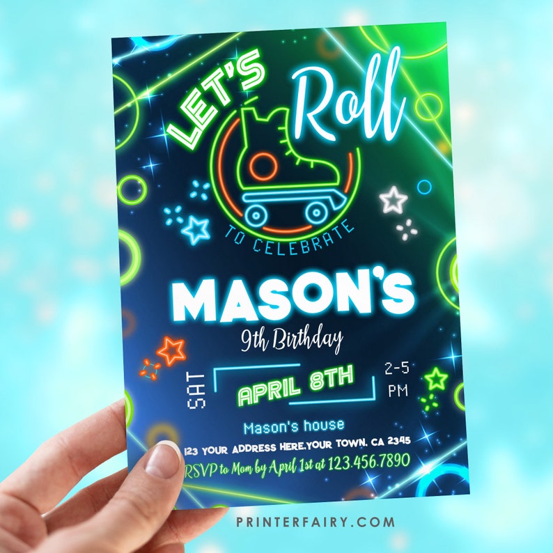 Neon Roller Skate Birthday Invitation: Editable Retro Party (digital ...