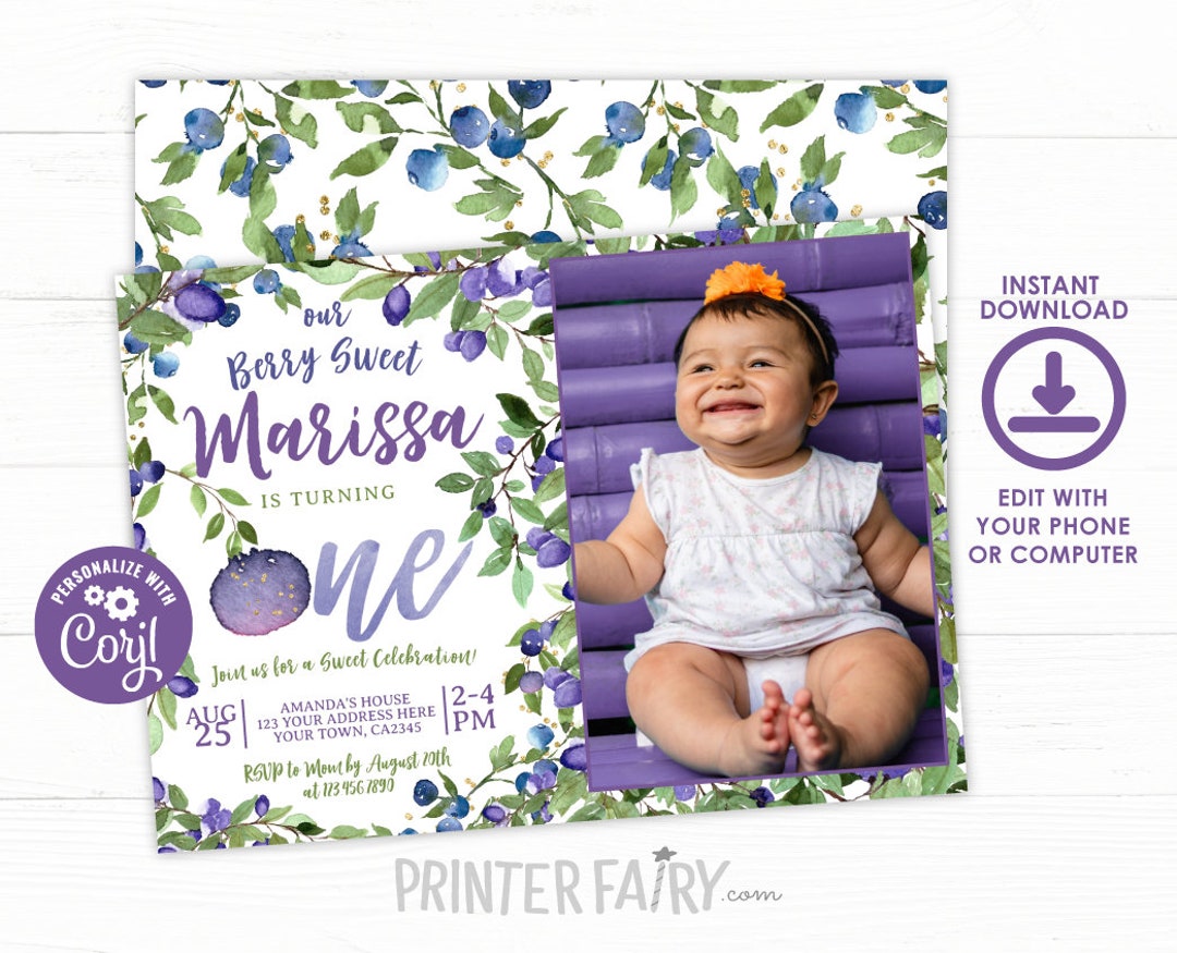 Blueberry First Birthday Invitation With Photo, EDITABLE, Sweet One ...
