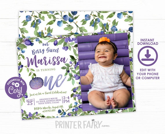 Blueberry First Birthday Invitation with photo, EDITABLE, Sweet One ...