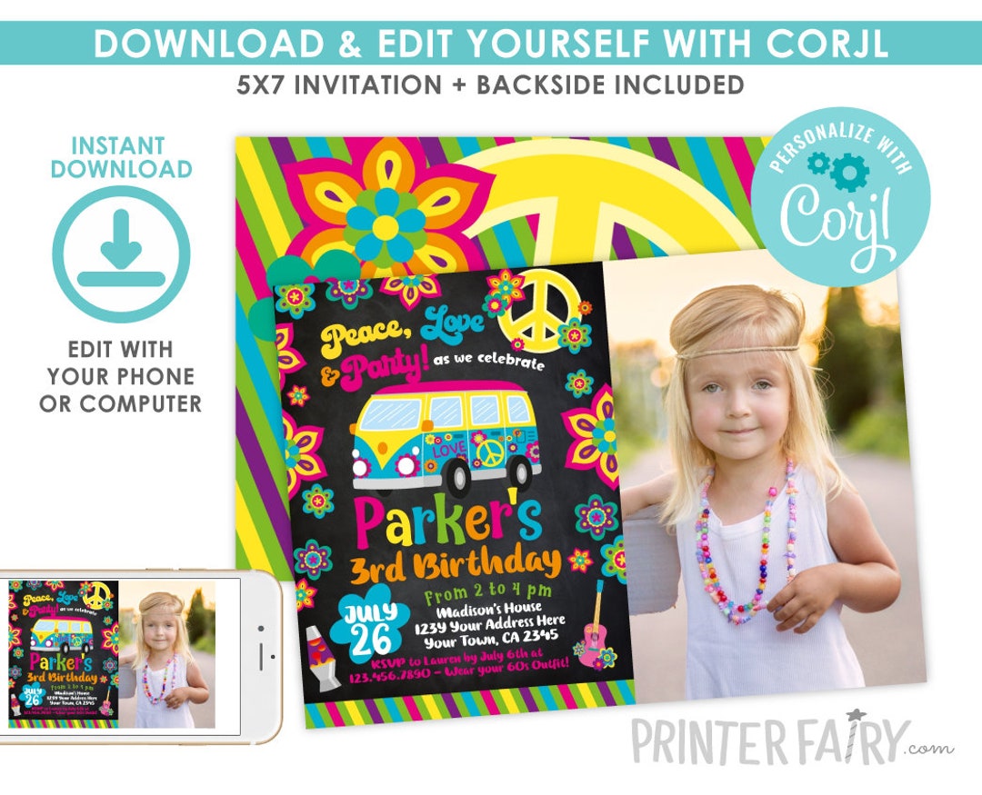 Hippie Birthday Invitation With Photo, EDITABLE, 60s Party Invitation ...