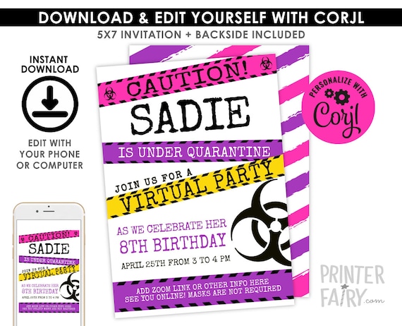 Quarantine Birthday Invitation, EDITABLE, Quarantine Invitation ...