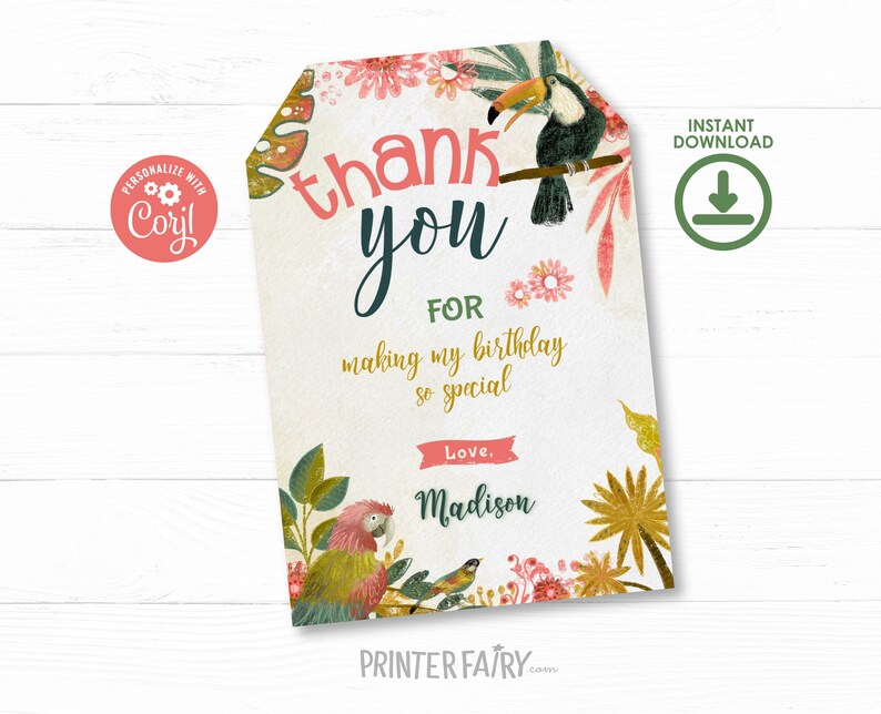 Tropical Birds Birthday Favor Tags, EDITABLE, Tropical Birthday Thank ...