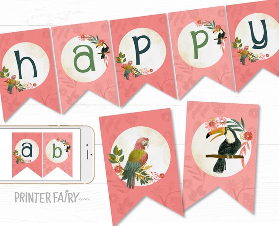 Tropical Birds Birthday Banner, EDITABLE, Tropical Birthday Party ...