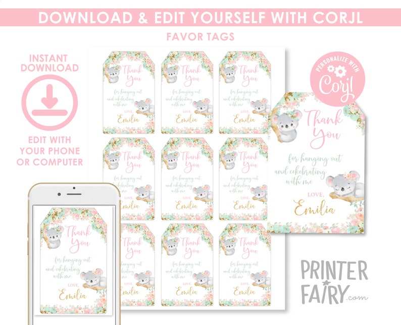 Koala Thank You Tags EDITABLE Koala Birthday Floral Favor - Etsy