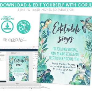 Sea Turtle Birthday Editable Sign, Under the Sea Editable Party Sign ...