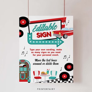 Diner Sign, Editable, Sock Hop Decorations, Midcentury Sign, 1950's ...