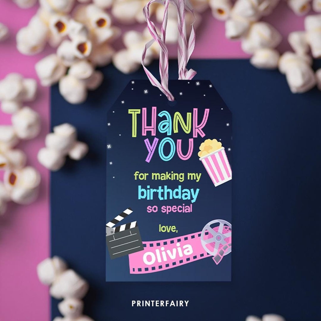 Movie Night Party Favor Tags Editable Template Thank You Tags, Movie ...