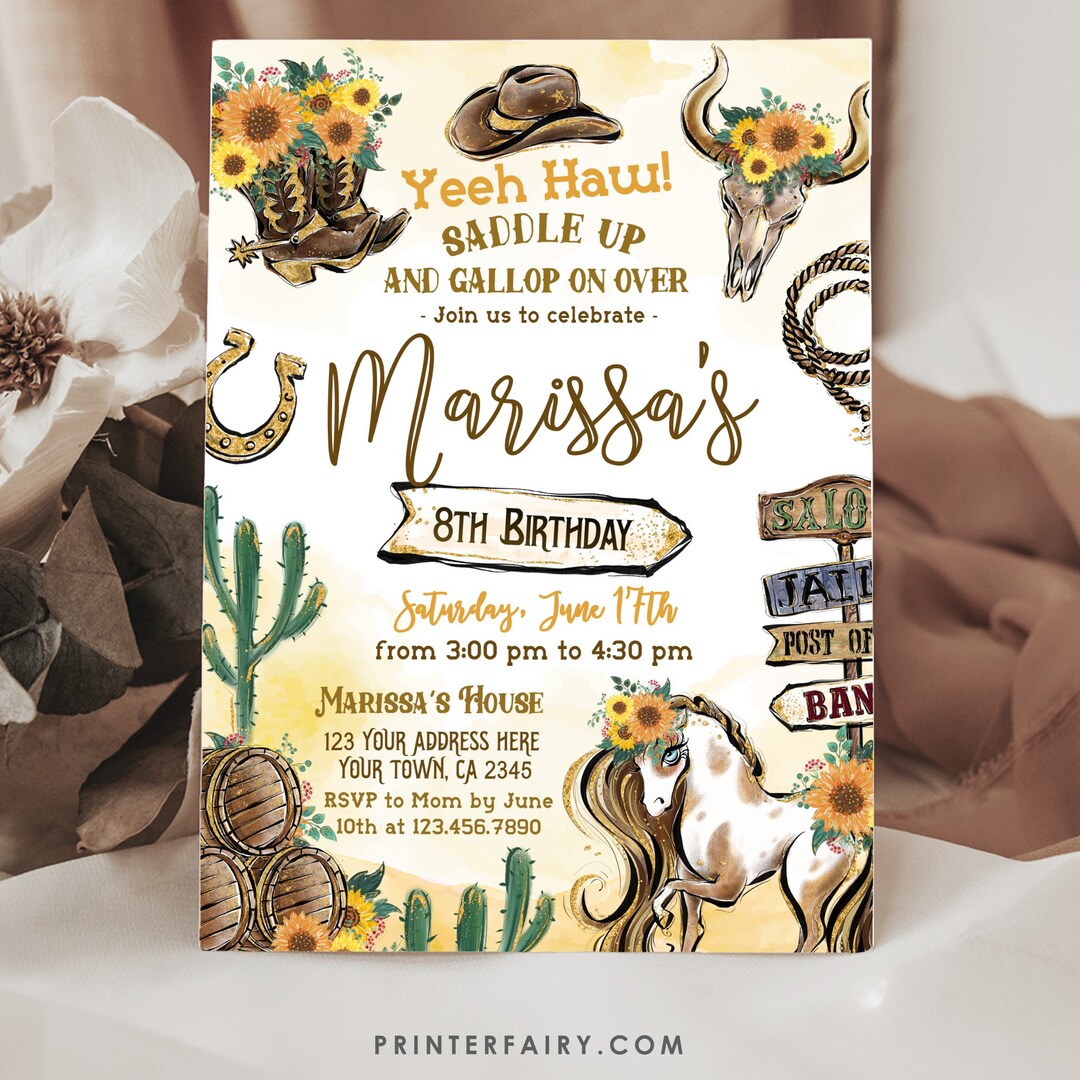 Cowgirl Party Invitation, "saddle up & Yeehaw!" Birthday Round-up ...