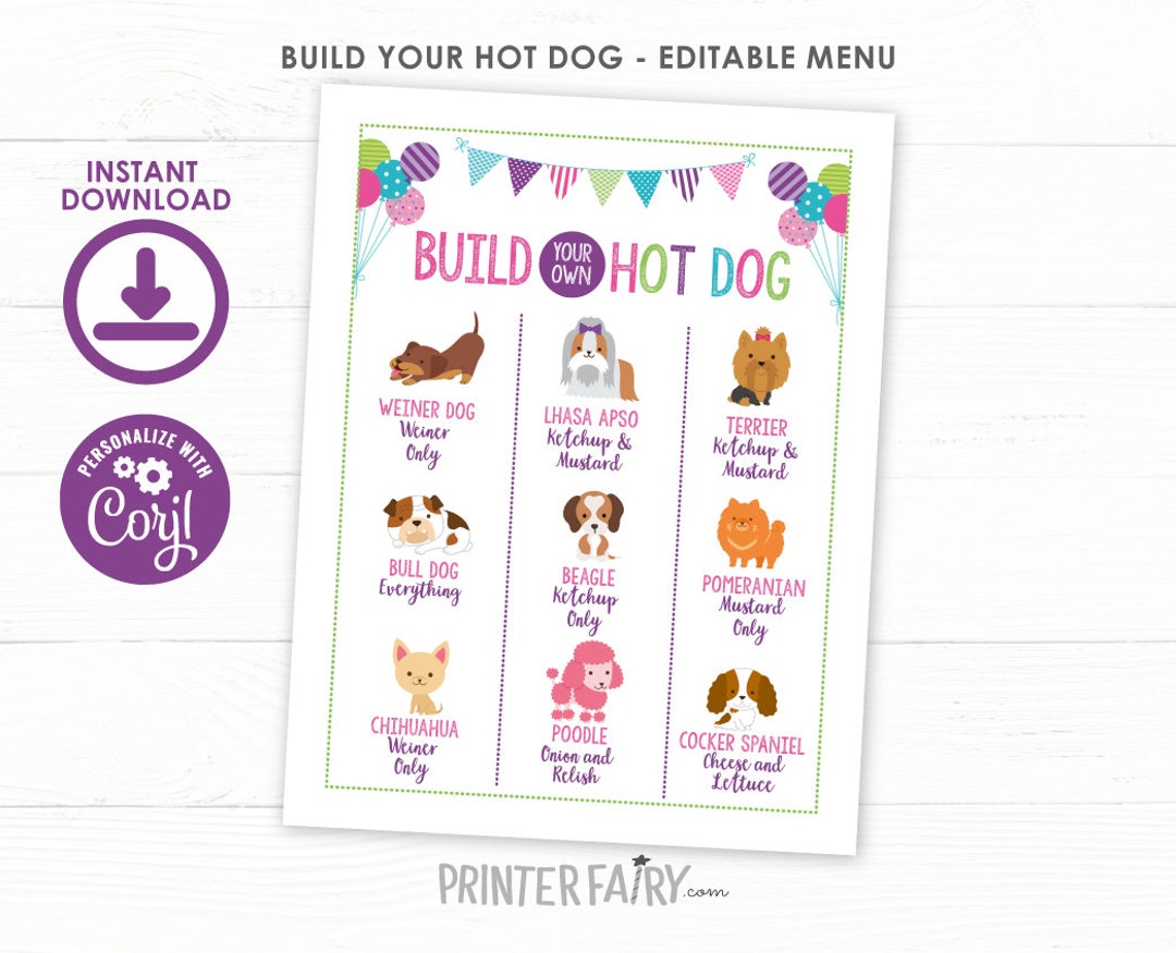Puppy Birthday Party, EDITABLE Hot Dog Menu, Dog Birthday Party, Pet ...