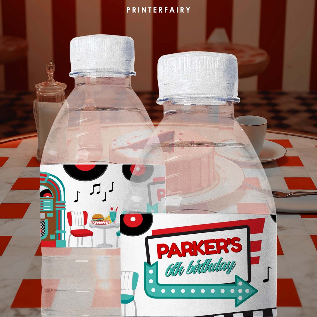 Diner Party Water Bottle Labels, Editable, Sock Hop Decorations ...