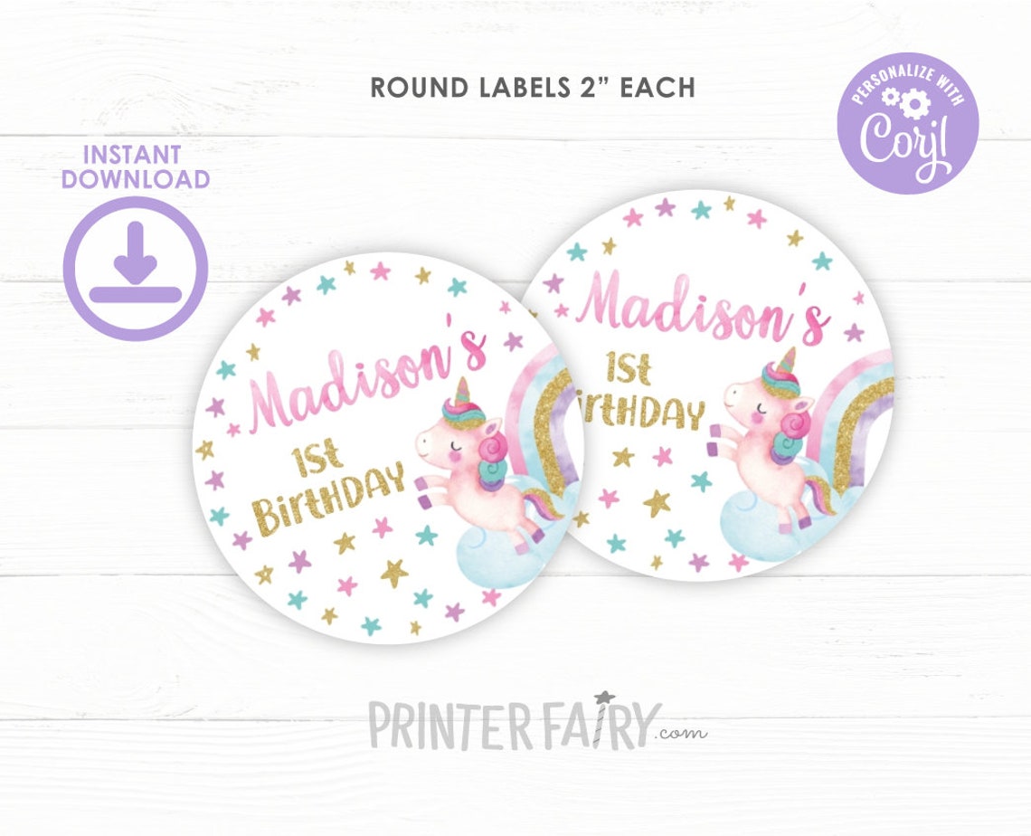 Unicorn Round Labels EDITABLE Rainbow Birthday Party | Etsy