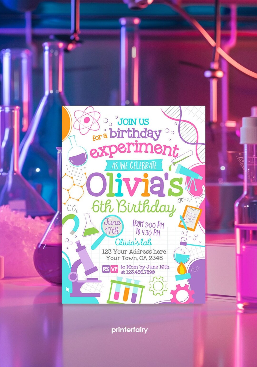 Science Birthday Party Invitation, EDITABLE, Scientifics Party, Girls ...
