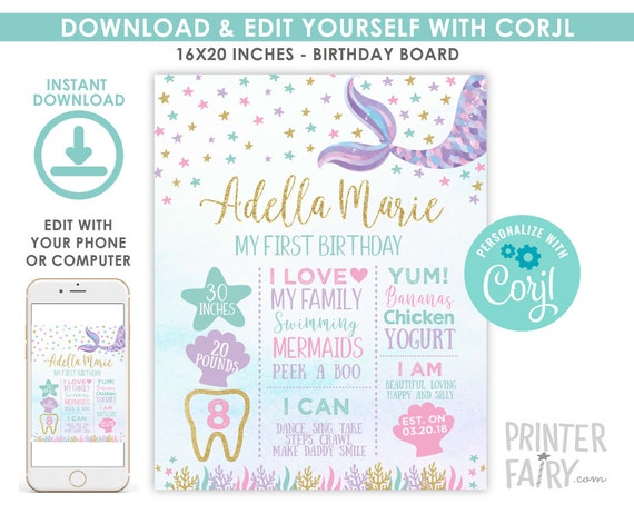 Mermaid Birthday Board, EDITABLE, Under the Sea Birthday Decorations ...