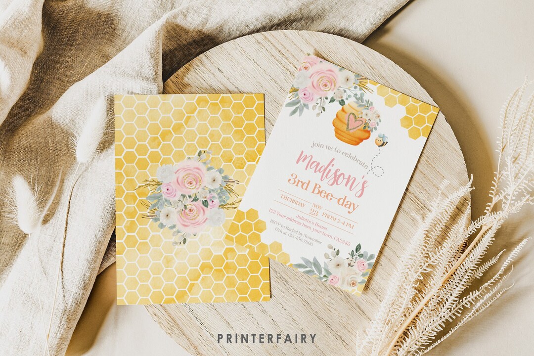 Bee Day Party Invitation, Honeycomb and Bumble Bee Design, Sweet Honey ...