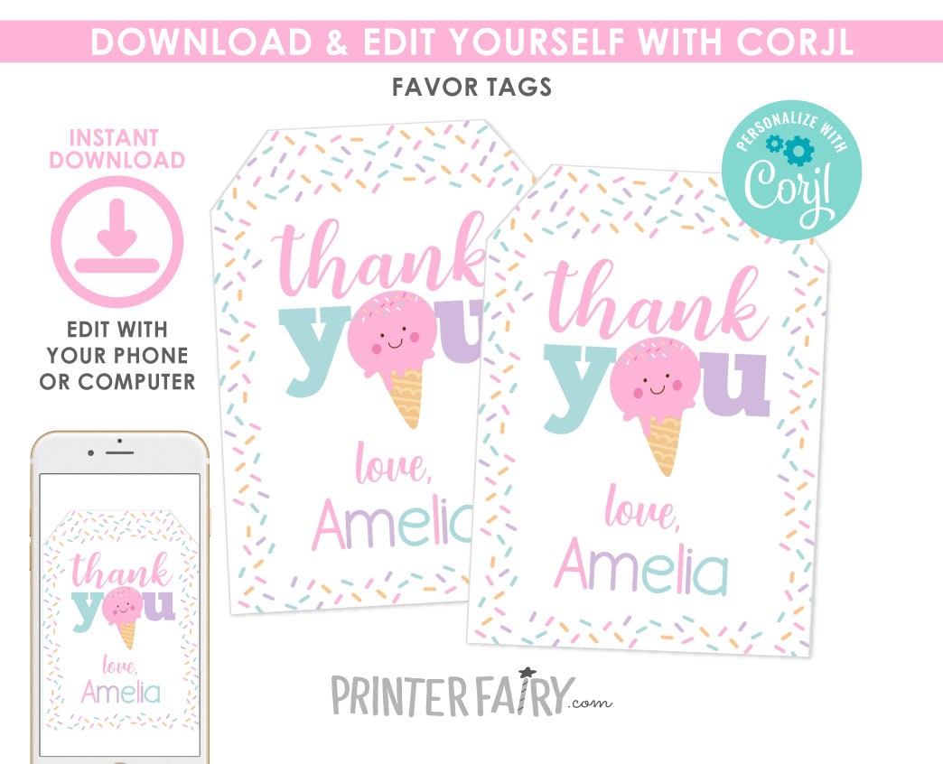 Ice Cream Favor Tags EDITABLE Ice Cream Thank You Tag EDIT | Etsy