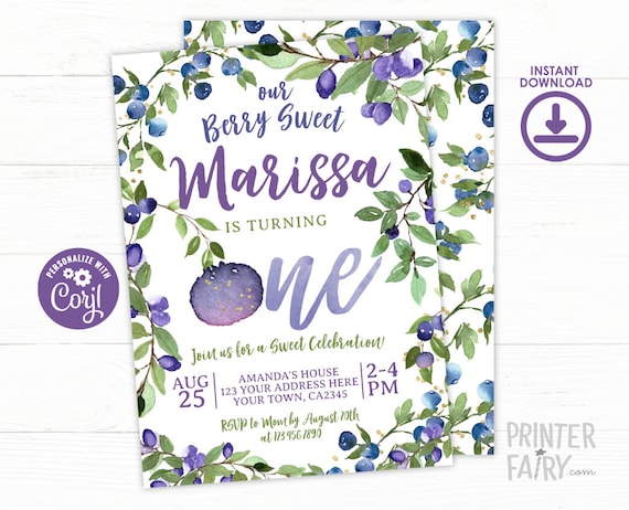 Blueberry First Birthday Invitation, EDITABLE, Sweet One, Berry Sweet ...