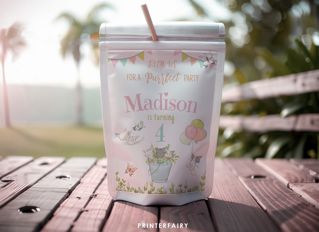 Kitty Cat Birthday Party Drink Pouch Label, Editable, Kitten Garden ...